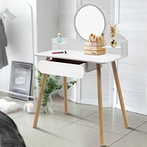 Gdrasuya10 32inch(L) Vanity Desk with Dimming Mirror, White Vanity Table with Drawer Simple Makeup Dressing Table Desk Dresser Desk Table for Girls Women Bedroom