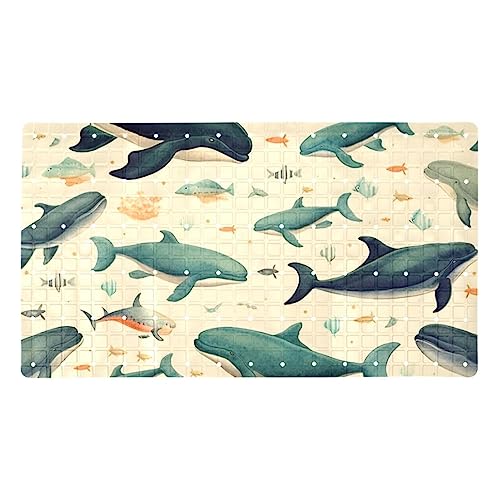 Bath Tub Shower Mat - Anti-Slip PVC Material 15.1x26.8 in, Gentle Cushioning Quick Drying Suction Cups Reliable Solution - Whales Playing in The Ocean Pattern Non-Slip Floor Mat