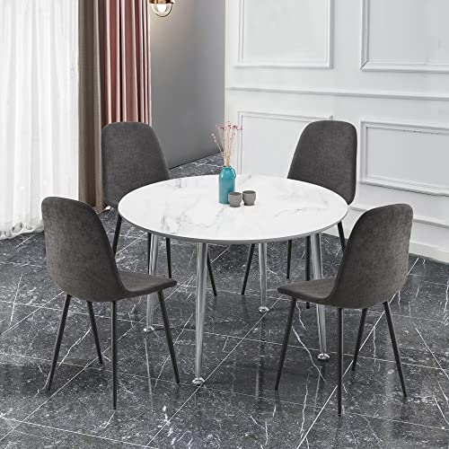 Round Dining Table Set for 4,White Wooden Kitchen Table and Chairs for Small Dining Room, Marble-Like Table Top with Metal Legs,5 Pieces Modern kitchen & dining room sets, Perfect for Dining Room