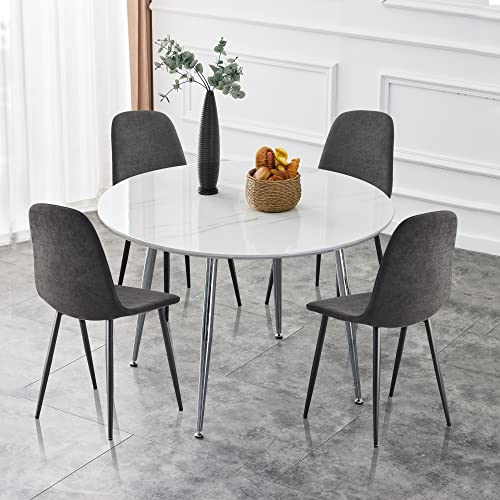 Round Dining Table Set for 4,White Wooden Kitchen Table and Chairs for Small Dining Room, Marble-Like Table Top with Metal Legs,5 Pieces Modern kitchen & dining room sets, Perfect for Dining Room