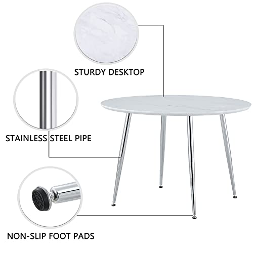 Round Dining Table Set for 4,White Wooden Kitchen Table and Chairs for Small Dining Room, Marble-Like Table Top with Metal Legs,5 Pieces Modern kitchen & dining room sets, Perfect for Dining Room