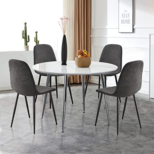 Round Dining Table Set for 4,White Wooden Kitchen Table and Chairs for Small Dining Room, Marble-Like Table Top with Metal Legs,5 Pieces Modern kitchen & dining room sets, Perfect for Dining Room