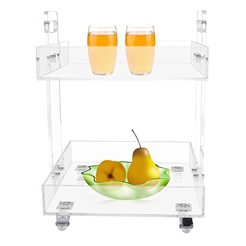 LOHISHILO 2-Tier Heavy Duty Acrylic Rolling Cart Multifunctional Storage End Table with 4 Wheels for Living Room Kitchen, Home, Bar, Party Mobile Cart