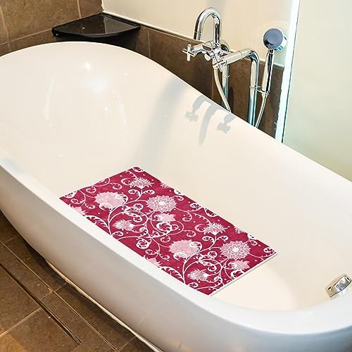 Bath Tub Shower Mat - Anti-Slip PVC Material 15.1x26.8 in, Gentle Cushioning Quick Drying Suction Cups Reliable Solution - Chrysanthemum Pattern - Red Non-Slip Floor Mat