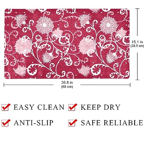 Bath Tub Shower Mat - Anti-Slip PVC Material 15.1x26.8 in, Gentle Cushioning Quick Drying Suction Cups Reliable Solution - Chrysanthemum Pattern - Red Non-Slip Floor Mat