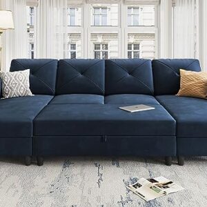 HONBAY U Shaped Sofa with Storage Ottoman Sleeper Sofa with Double Chaise Sofa Bed for Living Room, Velvet Dark Blue