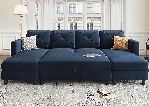 HONBAY U Shaped Sofa with Storage Ottoman Sleeper Sofa with Double Chaise Sofa Bed for Living Room, Velvet Dark Blue