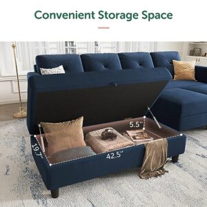 HONBAY U Shaped Sofa with Storage Ottoman Sleeper Sofa with Double Chaise Sofa Bed for Living Room, Velvet Dark Blue