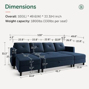 HONBAY U Shaped Sofa with Storage Ottoman Sleeper Sofa with Double Chaise Sofa Bed for Living Room, Velvet Dark Blue