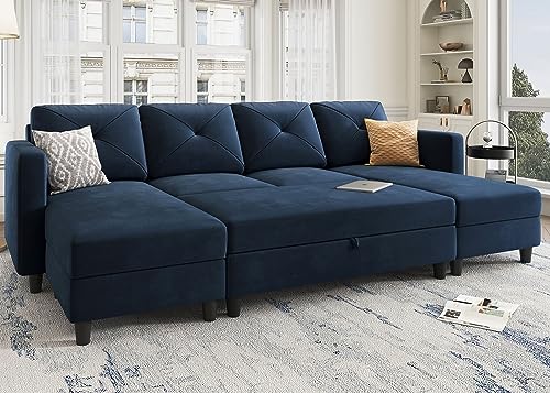 HONBAY U Shaped Sofa with Storage Ottoman Sleeper Sofa with Double Chaise Sofa Bed for Living Room, Velvet Dark Blue