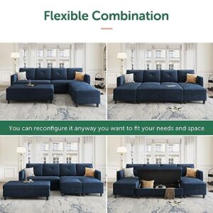 HONBAY U Shaped Sofa with Storage Ottoman Sleeper Sofa with Double Chaise Sofa Bed for Living Room, Velvet Dark Blue