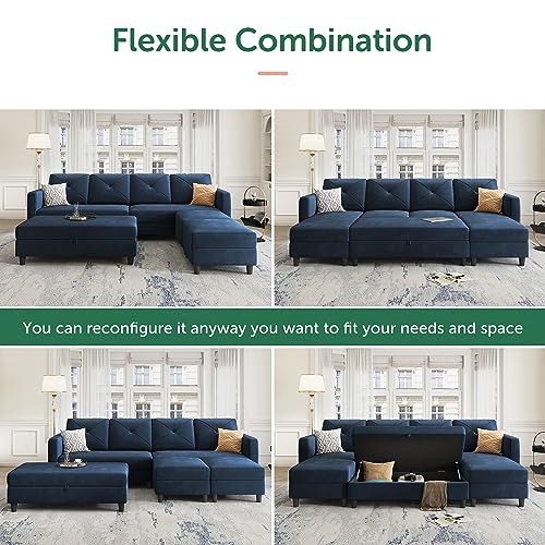 HONBAY U Shaped Sofa with Storage Ottoman Sleeper Sofa with Double Chaise Sofa Bed for Living Room, Velvet Dark Blue