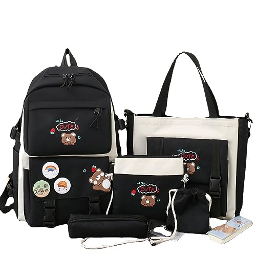 ALBIVA Cute backpack with accessories kawaii 5PCS Set Aesthetic backbags (Black)