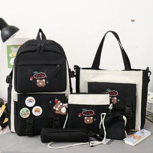 ALBIVA Cute backpack with accessories kawaii 5PCS Set Aesthetic backbags (Black)