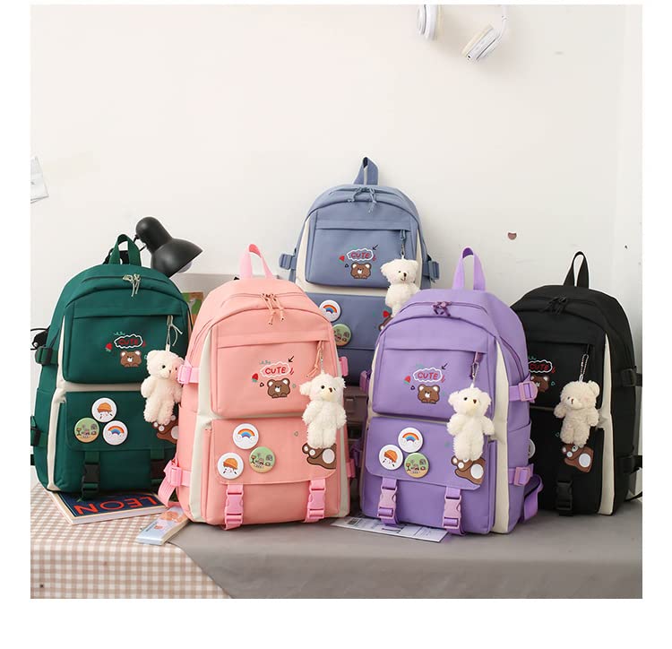 ALBIVA Cute backpack with accessories kawaii 5PCS Set Aesthetic backbags (Black)