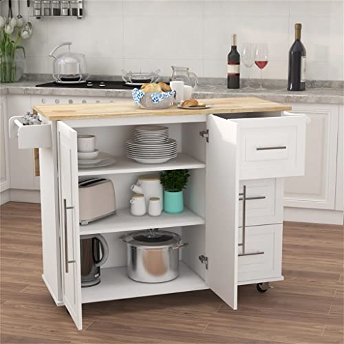 GXBPY Rolling Kitchen Island Cart with Wheels Solid Wood Countertop and Spice Rack, Rolling Kitchen Island for Kitchen