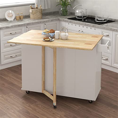 GXBPY Rolling Kitchen Island Cart with Wheels Solid Wood Countertop and Spice Rack, Rolling Kitchen Island for Kitchen