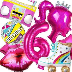 8pcs hot pink princess foil number balloon lip happy 6th birthday girl head balloons photo prop for barbie theme party decorations box photo booth backdrop pink little girl makeup supply (number 6)