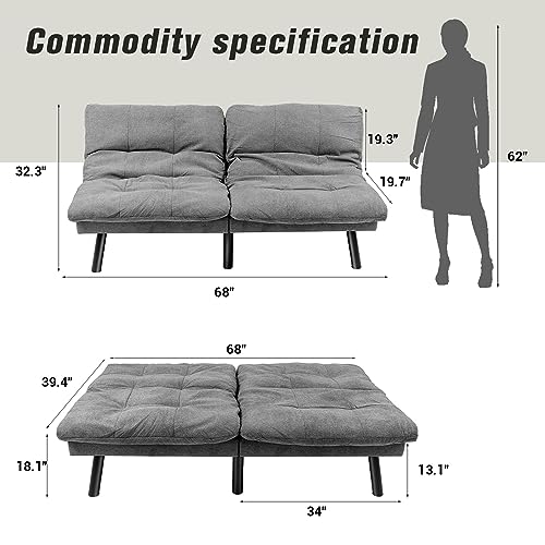 YESHOMY Futon Sofa Bed,Skin-Friendly Couch Loveseat with Adjustable Backrest, Dark Grey