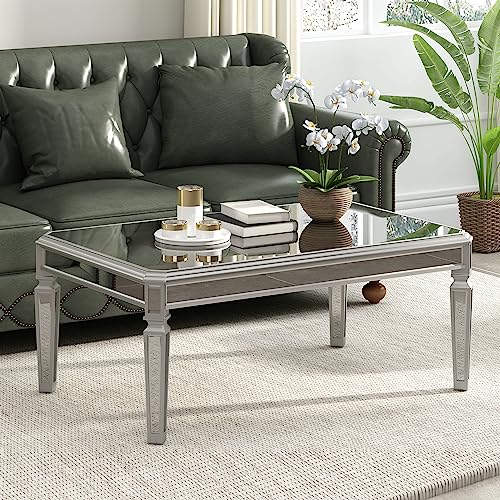 HomVent Mirrored Coffee Table Silver Living Room Table with Adjustable Legs Glass Central Table Cocktail Table for Living Room