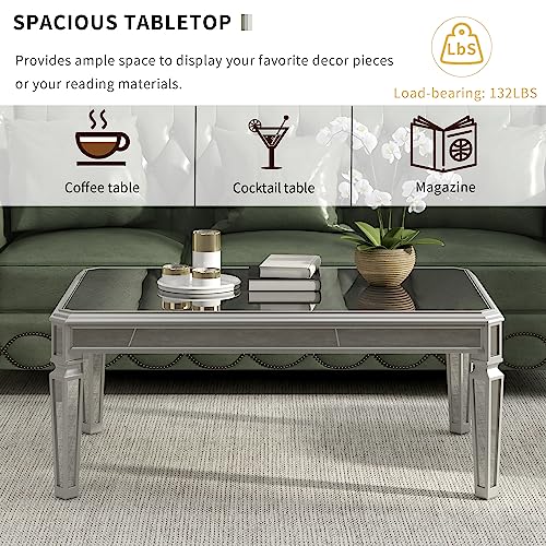 HomVent Mirrored Coffee Table Silver Living Room Table with Adjustable Legs Glass Central Table Cocktail Table for Living Room