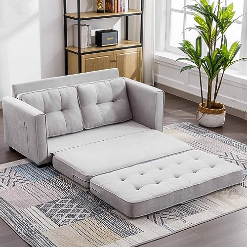 RIDFY Modern Convertible Sleeper Sofa Bed with Pull-Out Bed and Two Side Pockets, Chenille Loveseat Sleeper Sofa Couch for Living Room, Apartment, Office (Grey)