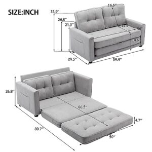 RIDFY Modern Convertible Sleeper Sofa Bed with Pull-Out Bed and Two Side Pockets, Chenille Loveseat Sleeper Sofa Couch for Living Room, Apartment, Office (Grey)