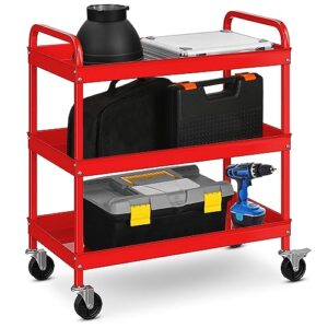 ironmax 3-tier rolling tool cart, 396lbs heavy duty metal utility cart w/lockable universal wheels, storage organizer steel service cart for garage, office, kitchen, workshop, repair shop (red)