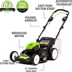 Greenworks Pro 21-Inch 80V Self-Propelled Cordless Lawn Mower, Tool-Only, MO80L00 & Pro 80V 20-Inch Snow Blower with 2Ah Battery and Charger