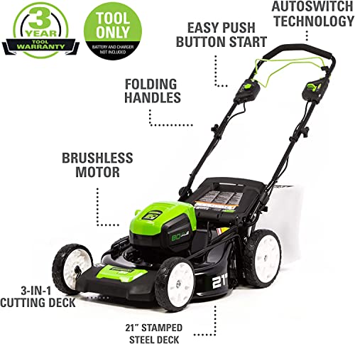 Greenworks Pro 21-Inch 80V Self-Propelled Cordless Lawn Mower, Tool-Only, MO80L00 & Pro 80V 20-Inch Snow Blower with 2Ah Battery and Charger