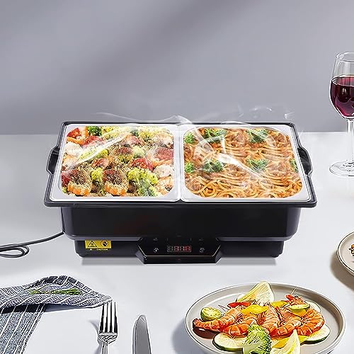 9QT Buffet Server & Food Warmer, Commercial Chafer Food Warmers for Restaurants Party School, Temperature Adjustable, Black Half Size, 22.4×13.6×*7.1in