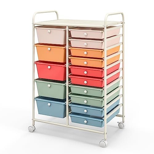 15 Drawer Rolling Storage Cart, Mobile Utility Cart with Lockable Wheels, Drawers, Multipurpose Organizer Cart for Home, Office, School, Mixed Color