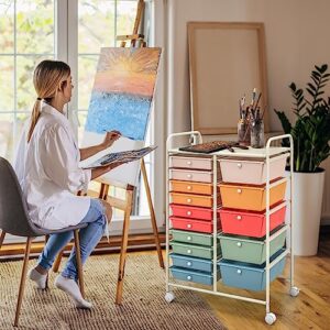 15 Drawer Rolling Storage Cart, Mobile Utility Cart with Lockable Wheels, Drawers, Multipurpose Organizer Cart for Home, Office, School, Mixed Color