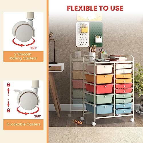 15 Drawer Rolling Storage Cart, Mobile Utility Cart with Lockable Wheels, Drawers, Multipurpose Organizer Cart for Home, Office, School, Mixed Color