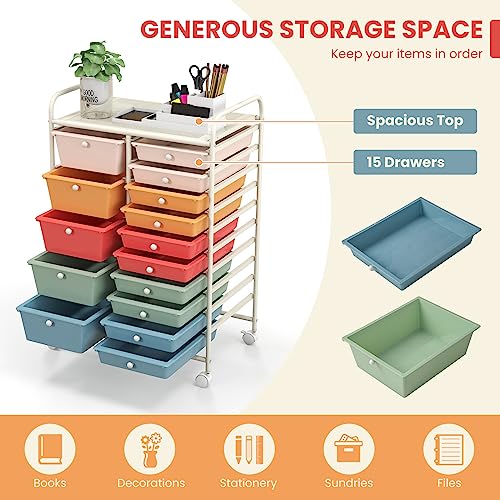 15 Drawer Rolling Storage Cart, Mobile Utility Cart with Lockable Wheels, Drawers, Multipurpose Organizer Cart for Home, Office, School, Mixed Color