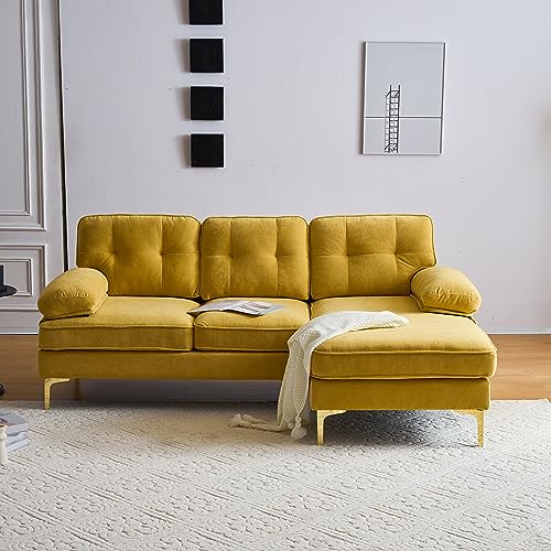 FULife Modern Convertible L-Shaped Corner Sofa for Living Room,Upholstered Accent Modular Sectionals Sofá Couch Bed for Home Office, Yellow Velvet w/Chaise Lounge 83" w