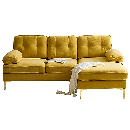 FULife Modern Convertible L-Shaped Corner Sofa for Living Room,Upholstered Accent Modular Sectionals Sofá Couch Bed for Home Office, Yellow Velvet w/Chaise Lounge 83" w