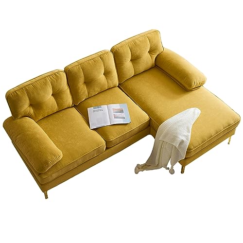 FULife Modern Convertible L-Shaped Corner Sofa for Living Room,Upholstered Accent Modular Sectionals Sofá Couch Bed for Home Office, Yellow Velvet w/Chaise Lounge 83" w