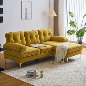 FULife Modern Convertible L-Shaped Corner Sofa for Living Room,Upholstered Accent Modular Sectionals Sofá Couch Bed for Home Office, Yellow Velvet w/Chaise Lounge 83" w