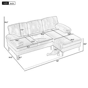 FULife Modern Convertible L-Shaped Corner Sofa for Living Room,Upholstered Accent Modular Sectionals Sofá Couch Bed for Home Office, Yellow Velvet w/Chaise Lounge 83" w