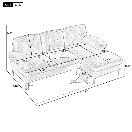 FULife Modern Convertible L-Shaped Corner Sofa for Living Room,Upholstered Accent Modular Sectionals Sofá Couch Bed for Home Office, Yellow Velvet w/Chaise Lounge 83" w