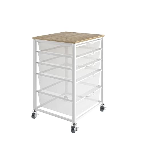 Rolling Storage Cart on Wheels, with 5 Handle Mesh Drawers Baskets and Wooden Top, Industrial Mobile Storage Cabinet, Scrapbook Paper Office School Organizer for Office Pantry Bathroom