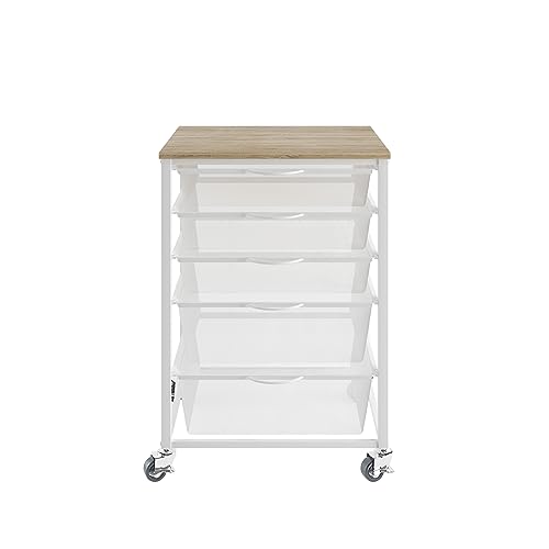 Rolling Storage Cart on Wheels, with 5 Handle Mesh Drawers Baskets and Wooden Top, Industrial Mobile Storage Cabinet, Scrapbook Paper Office School Organizer for Office Pantry Bathroom