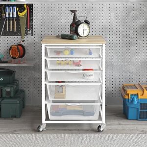 Rolling Storage Cart on Wheels, with 5 Handle Mesh Drawers Baskets and Wooden Top, Industrial Mobile Storage Cabinet, Scrapbook Paper Office School Organizer for Office Pantry Bathroom