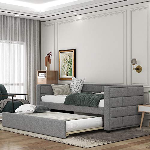 TARTOP Twin Upholstered Daybed with Trundle, Wooden Daybed Sofa Bed Frame with Padded Back, Twin Captain’s Bed for Living Room Bedroom,Gray