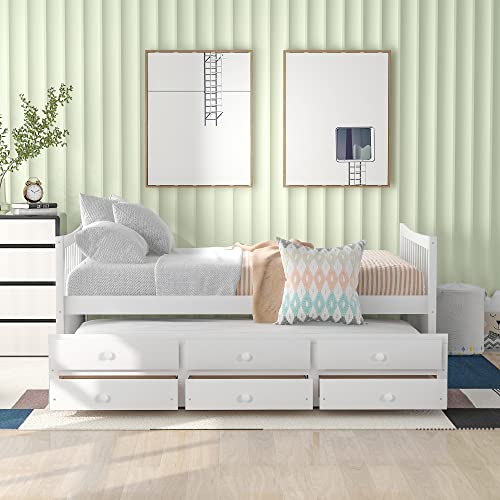 Lepfun Full Daybed with Trundle and Storage Drawers Wood Full Size Bed Frame with 3 Drawers Wooden Platform Beds for Kids Boys Girls Teens, Practical Durable Bed, for Bedroom, Apartment, White