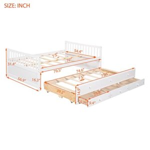 Lepfun Full Daybed with Trundle and Storage Drawers Wood Full Size Bed Frame with 3 Drawers Wooden Platform Beds for Kids Boys Girls Teens, Practical Durable Bed, for Bedroom, Apartment, White