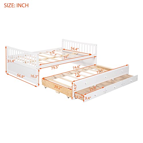 Lepfun Full Daybed with Trundle and Storage Drawers Wood Full Size Bed Frame with 3 Drawers Wooden Platform Beds for Kids Boys Girls Teens, Practical Durable Bed, for Bedroom, Apartment, White