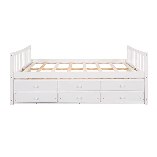 Lepfun Full Daybed with Trundle and Storage Drawers Wood Full Size Bed Frame with 3 Drawers Wooden Platform Beds for Kids Boys Girls Teens, Practical Durable Bed, for Bedroom, Apartment, White