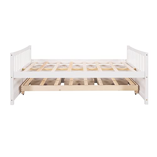 Lepfun Full Daybed with Trundle and Storage Drawers Wood Full Size Bed Frame with 3 Drawers Wooden Platform Beds for Kids Boys Girls Teens, Practical Durable Bed, for Bedroom, Apartment, White